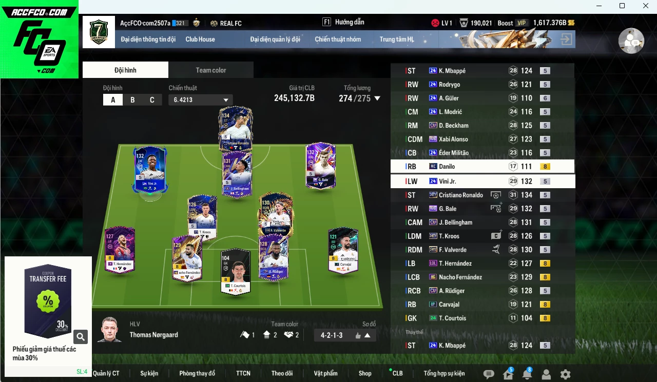 Acc #102862: [ACC Rẻ🔥] Real Madrid 245.130b có CR7 25TY, Valverde 24TS, Kroos 24TY, Bale WB ...